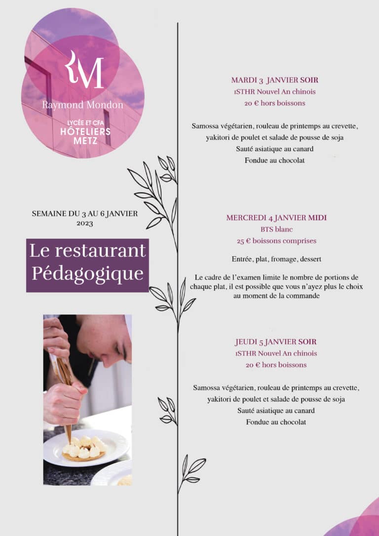 Nos menus par restaurant | Lycée et CFA Hôteliers de Metz | Raymond Mondon